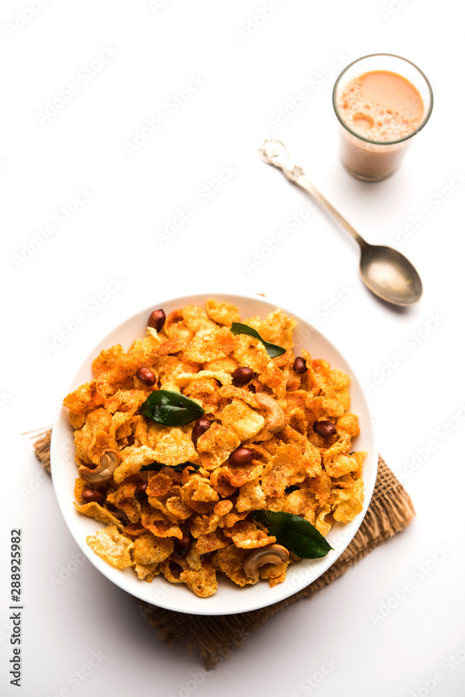Cornflake Chivda or Corn Chiwda loaded with peanuts and Cashew. Served ...