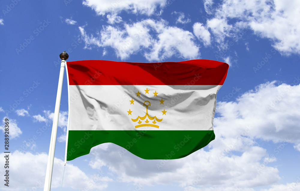 Tajikistan flag mockup, red, white and green and a stylized crown, a ...