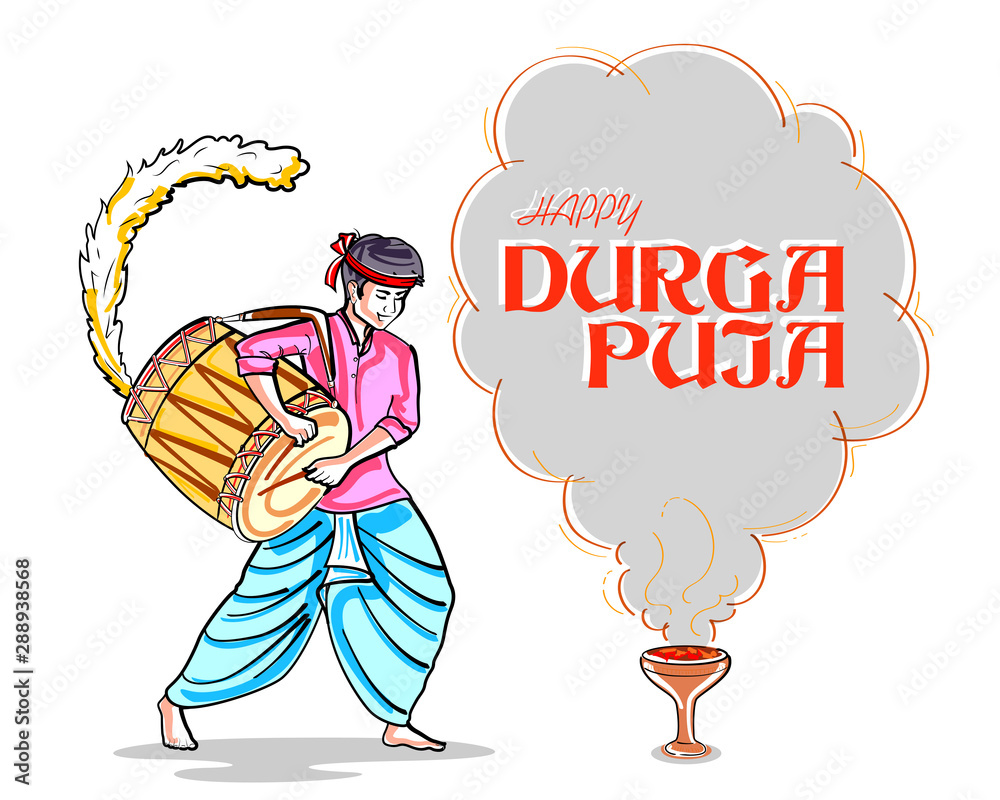 illustration of Dhaki playing dhak drum in Happy Durga Puja Subh ...