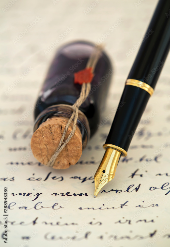 Write concept, fountain pen and ink on a vintage antique handwritten ...