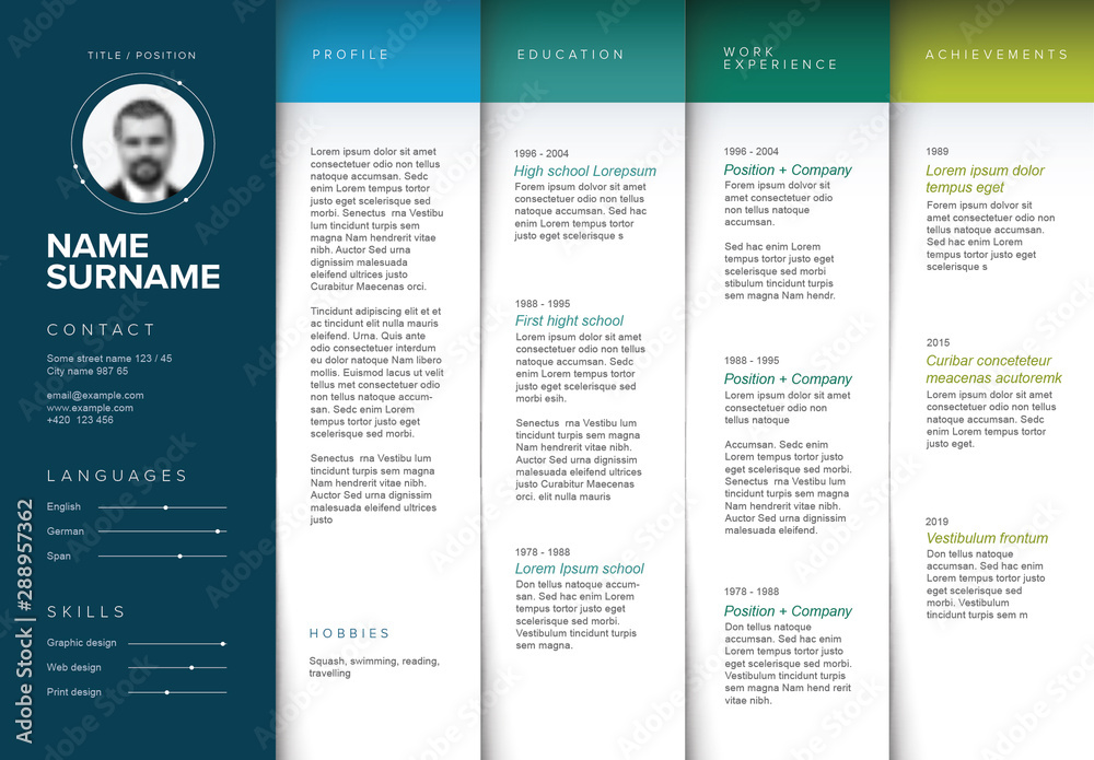 Horizontal Resume Layout with Blue Elements Stock Template | Adobe Stock