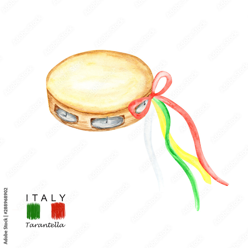 Tambourine watercolor. Musical instrument. National folk Italian ...