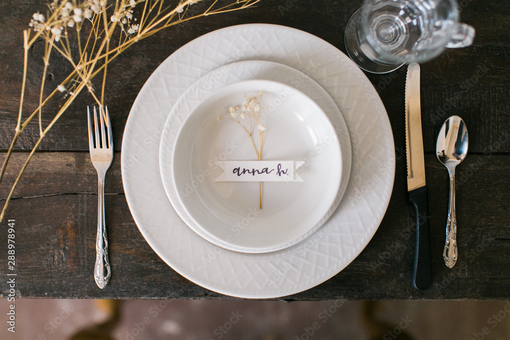 Modern table setting with name tag, event or wedding table with plate ...