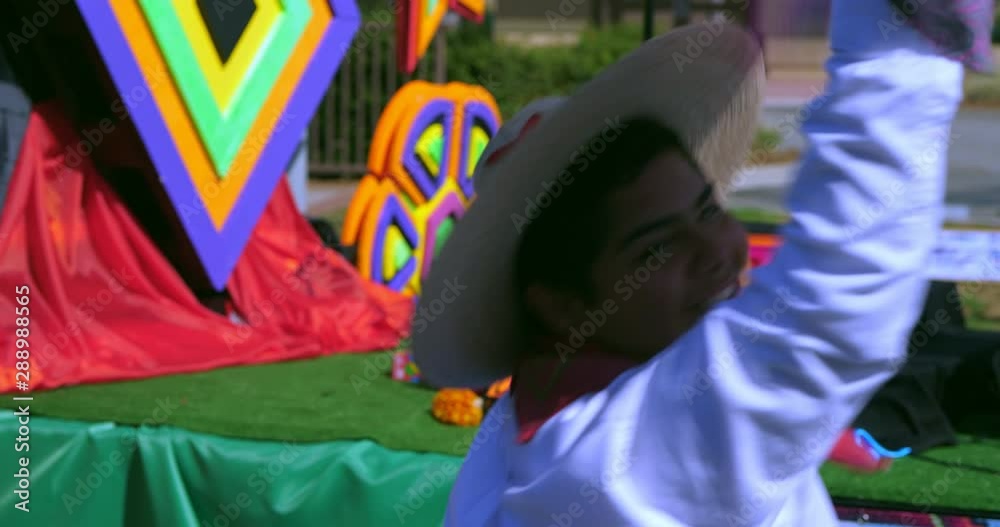 Young hispanic man in traditional dress dancing at Mexican Independence ...