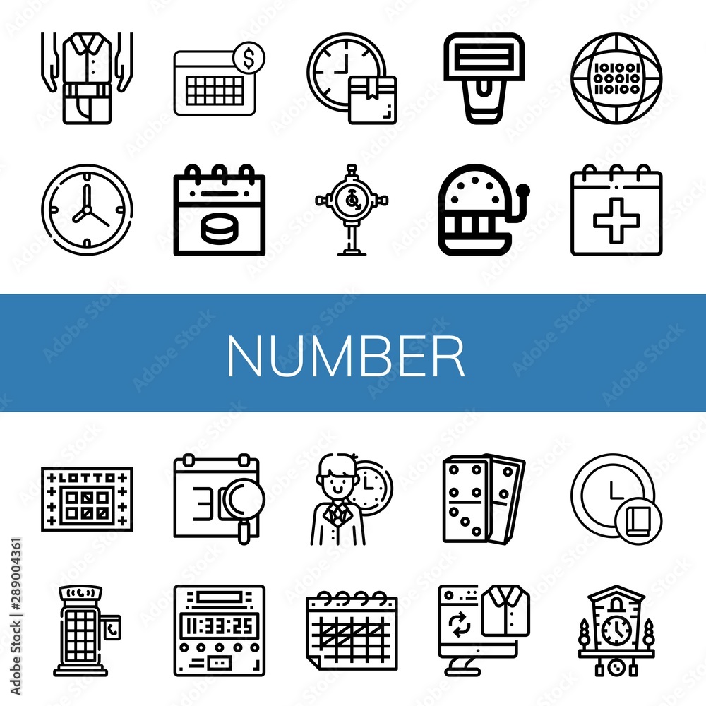Set of number icons such as Second hand, Clock, Calendar, Barcode ...