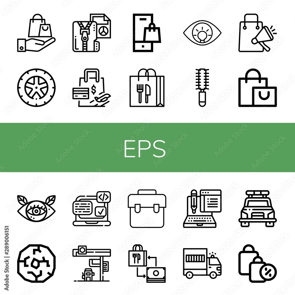 Set of eps icons such as Shopping bag, Wheel, Compressed file, Eye, Hair brush, Svg, Gas station ...