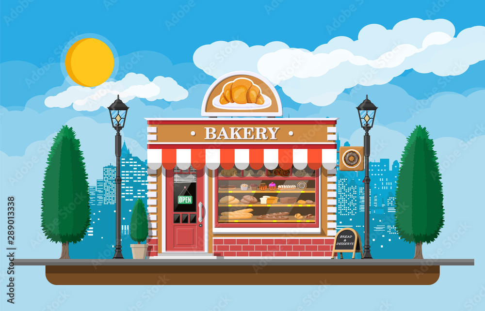 Bakery shop building facade with signboard. Baking store, cafe, bread ...