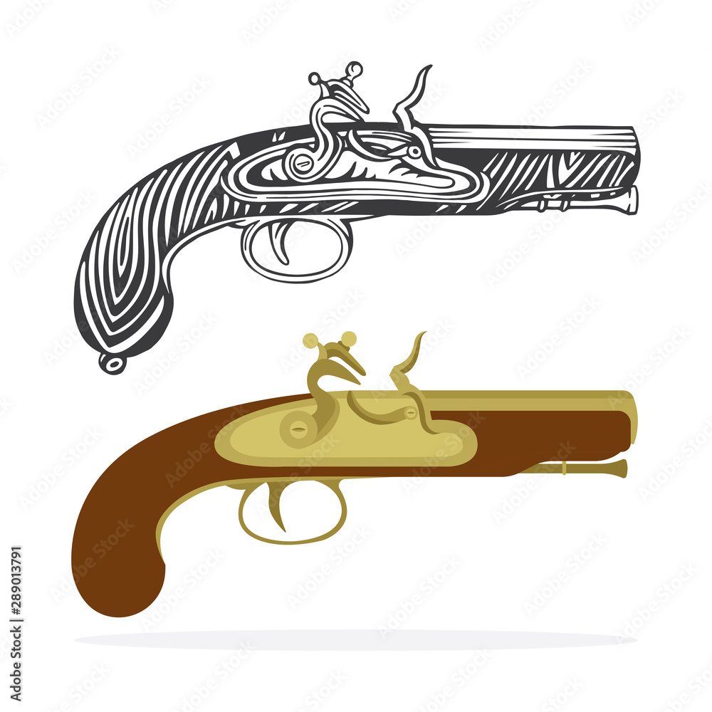 Old gun. Vintage flintlock pistol vector illustrations collection. Hand ...