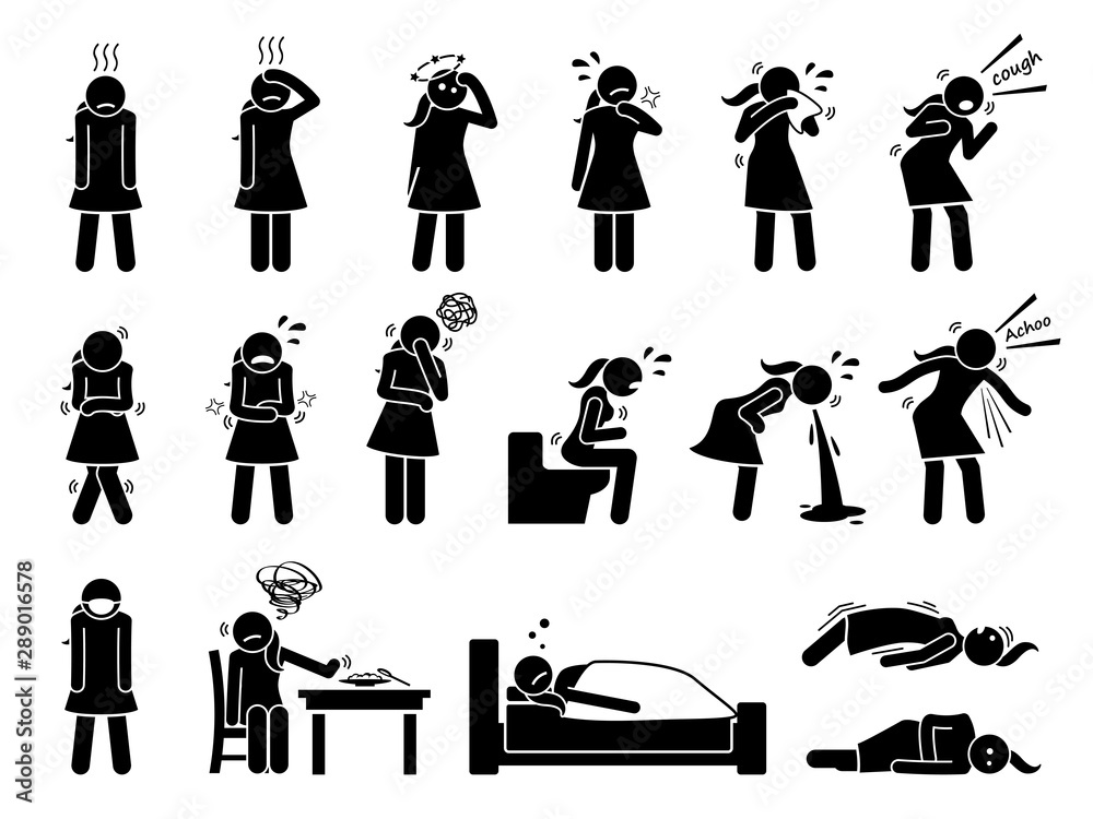 Woman sick, ill, flu, disease, and influenza virus signs and symptoms ...