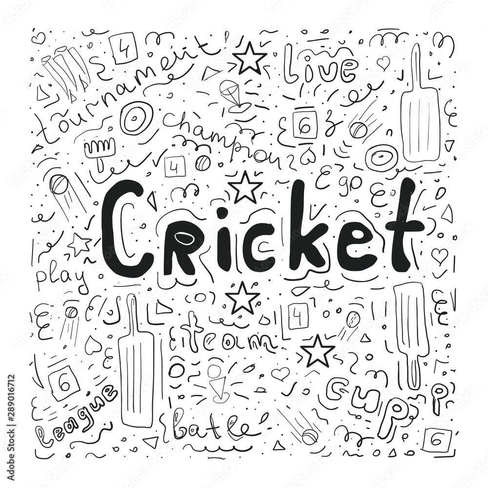 illustration of cricket championship sports. Hand drawn doodle with ...