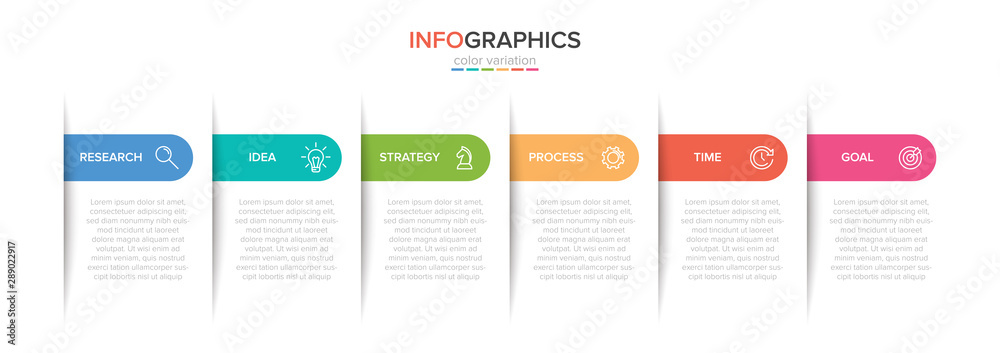Concept of arrow business model with 6 successive steps. Five colorful ...