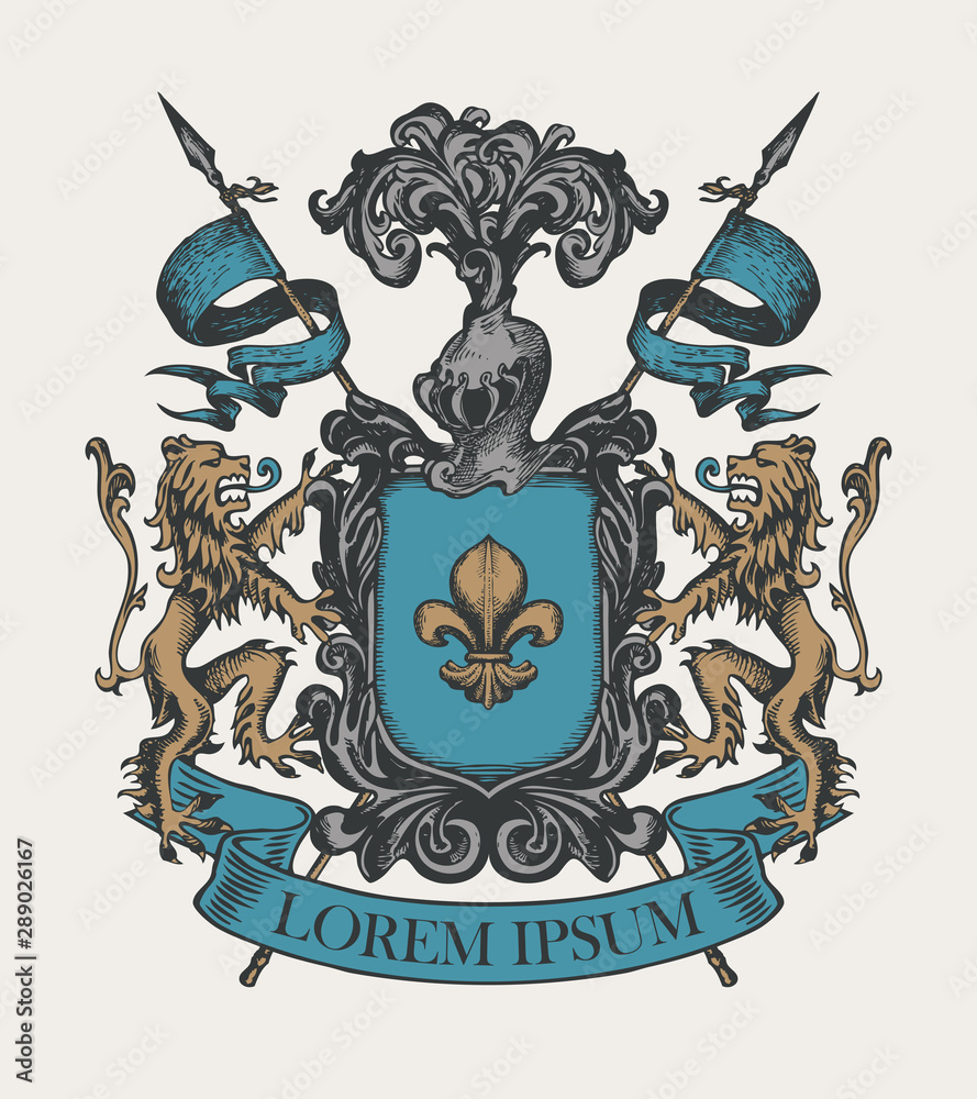 Vector heraldic Coat of arms in vintage style with shield, knightly ...