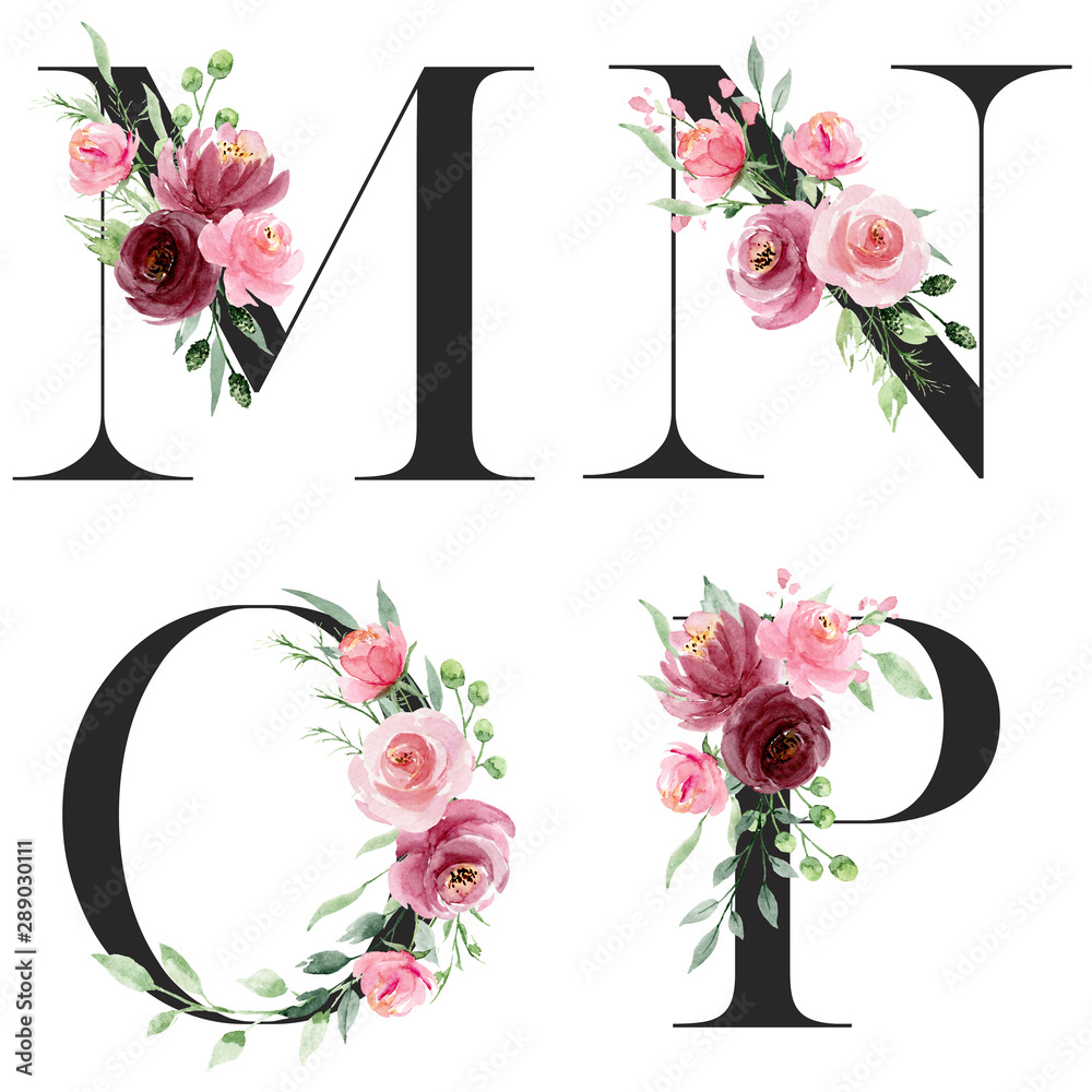Floral alphabet, letters with watercolor pink flowers and leaf ...
