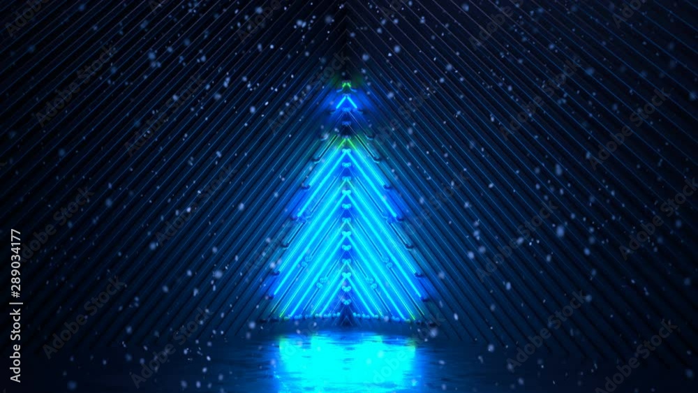Glowing blue neon christmas tree and snowfall. Winter holidays symbol ...