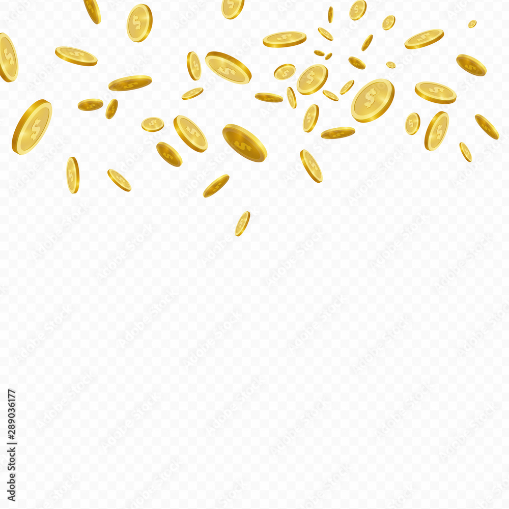 Money rain background. Golden coins with dollar sign falling from above ...
