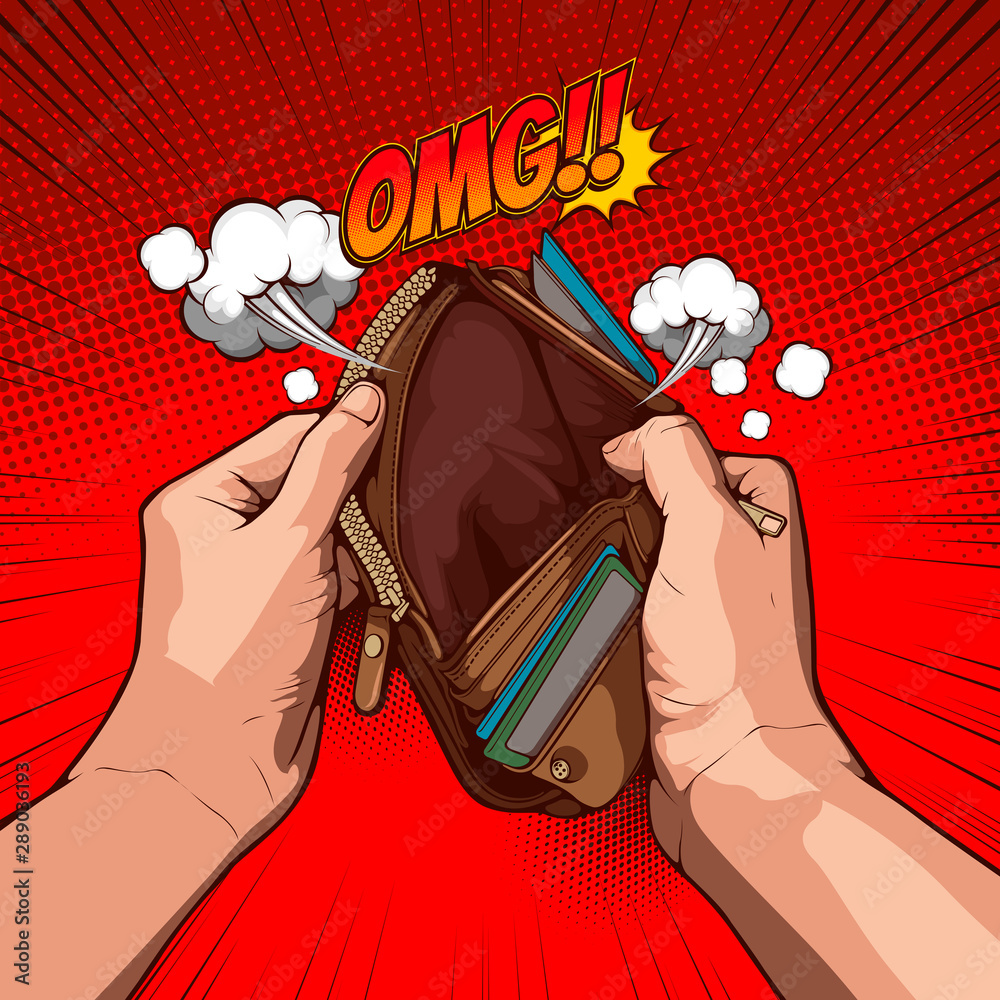 picture hand open an empty wallet on red background, comic cover ...