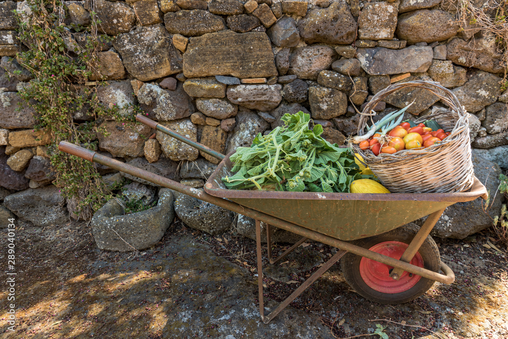 Fresh vegetables and fruit in a wheelbarrow and stone wall. Healthy ...
