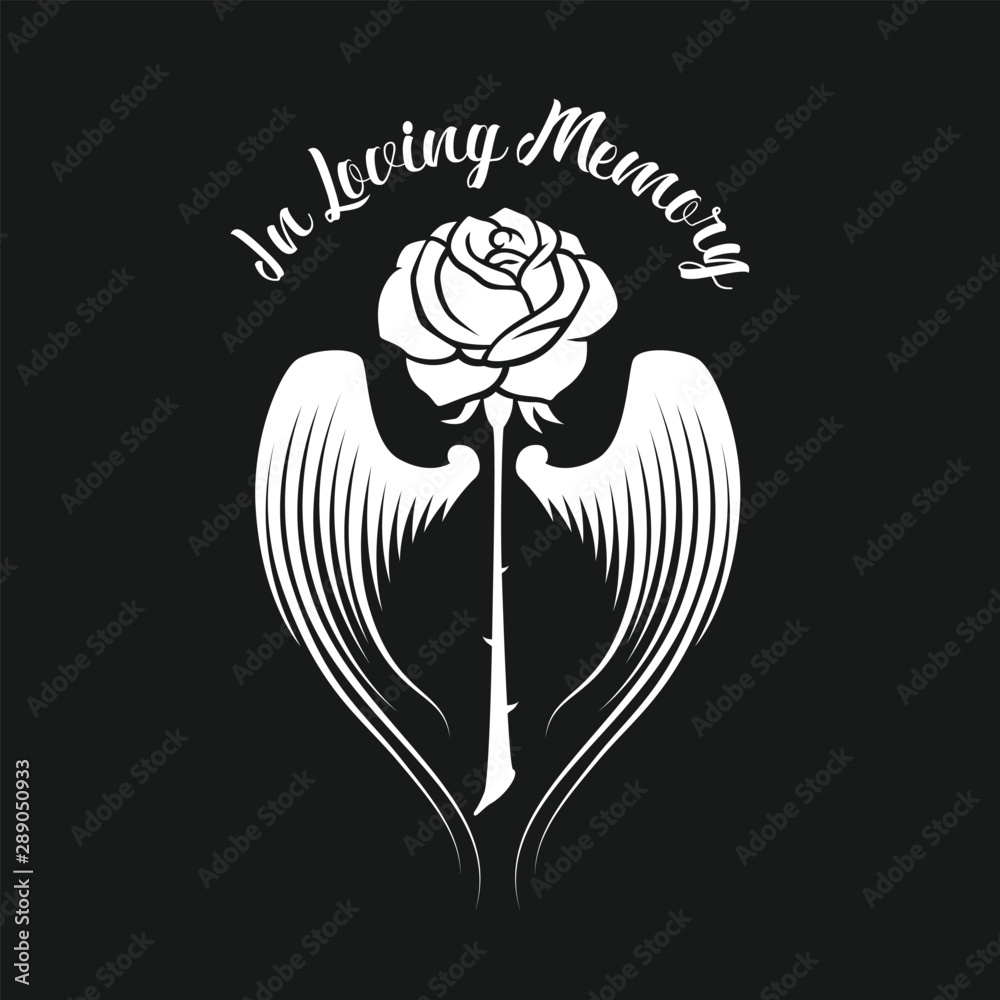 in loving memory text and rose with wings on black background vector ...
