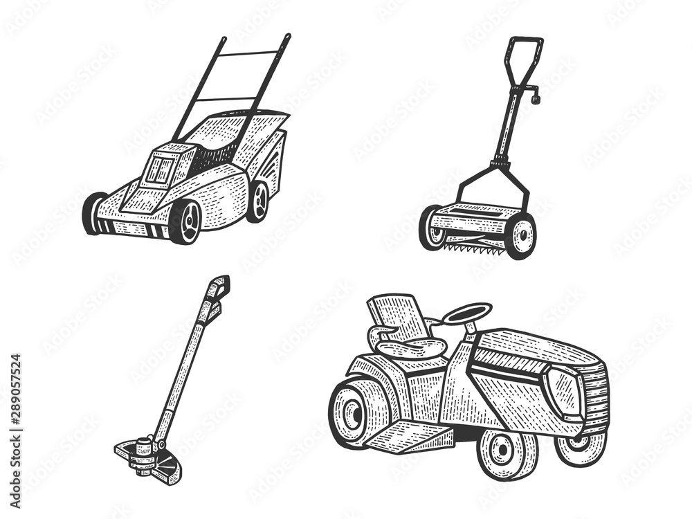 Lawn mower grass cutter set sketch engraving vector illustration ...