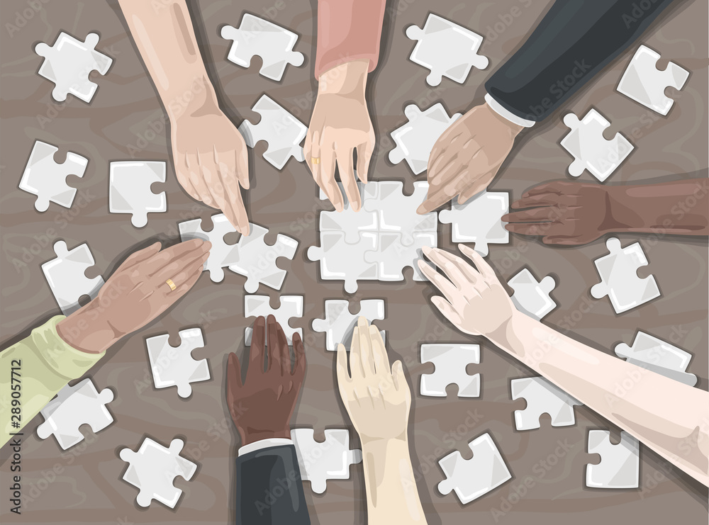 Teamwork, puzzle, collaboration concept. team of office clerks solve an ...