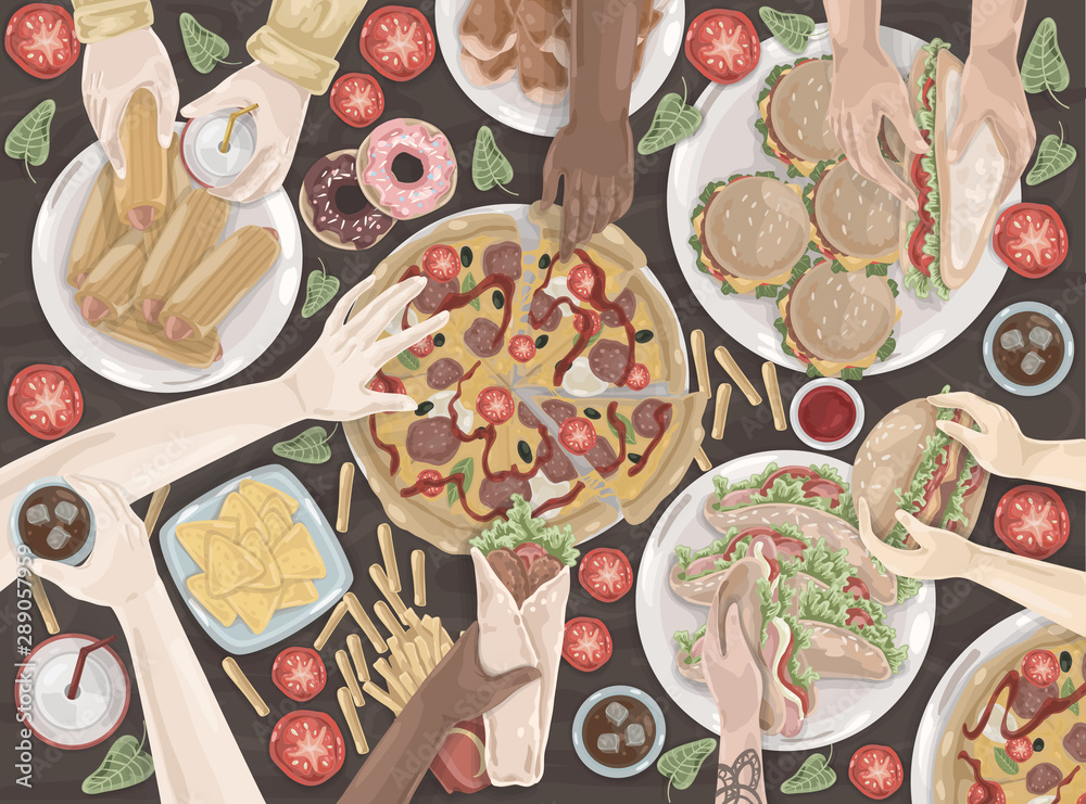 Fast food, friendly meeting, celebration, lunch set. Group of hungry ...