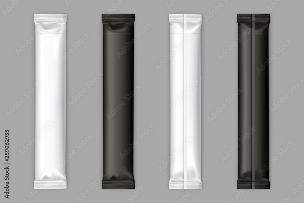 Blank black and white plastic, foil or polyethylene sachets sticks with ...