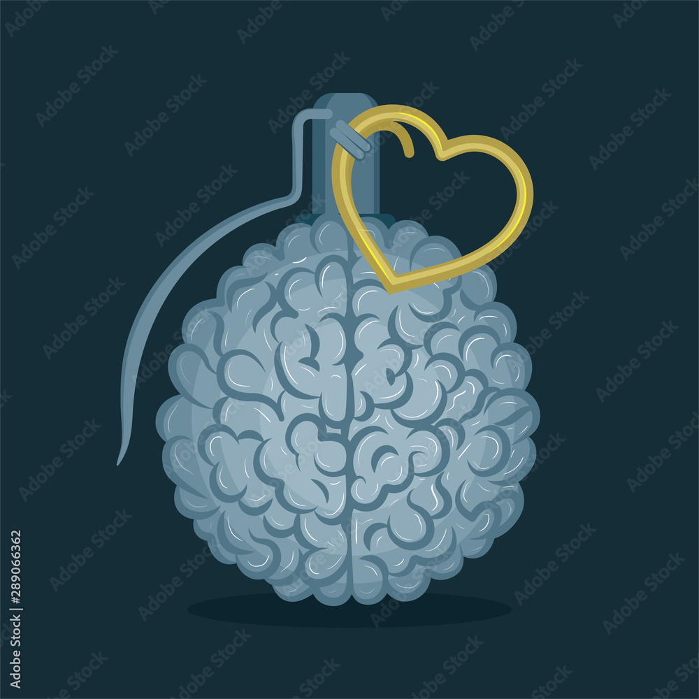 Hand grenade with brain inside and heart style pull ring. Brain and ...