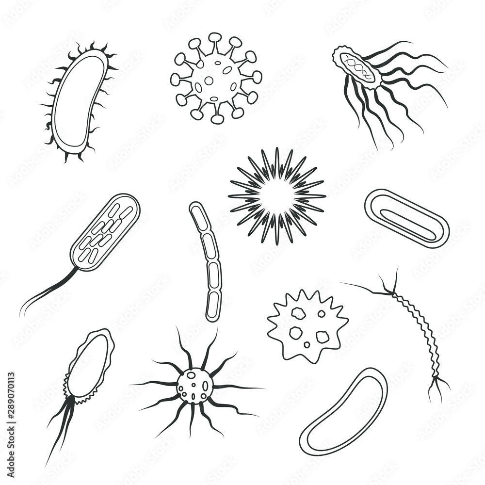 Bacteria shapes vector set, line art cartoon isolated clip-art. Stock ...