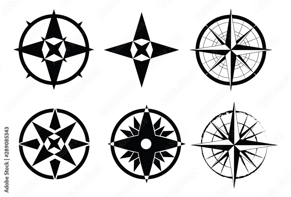 Collection of logos of the compass. Stylized sea compasses with a wind ...