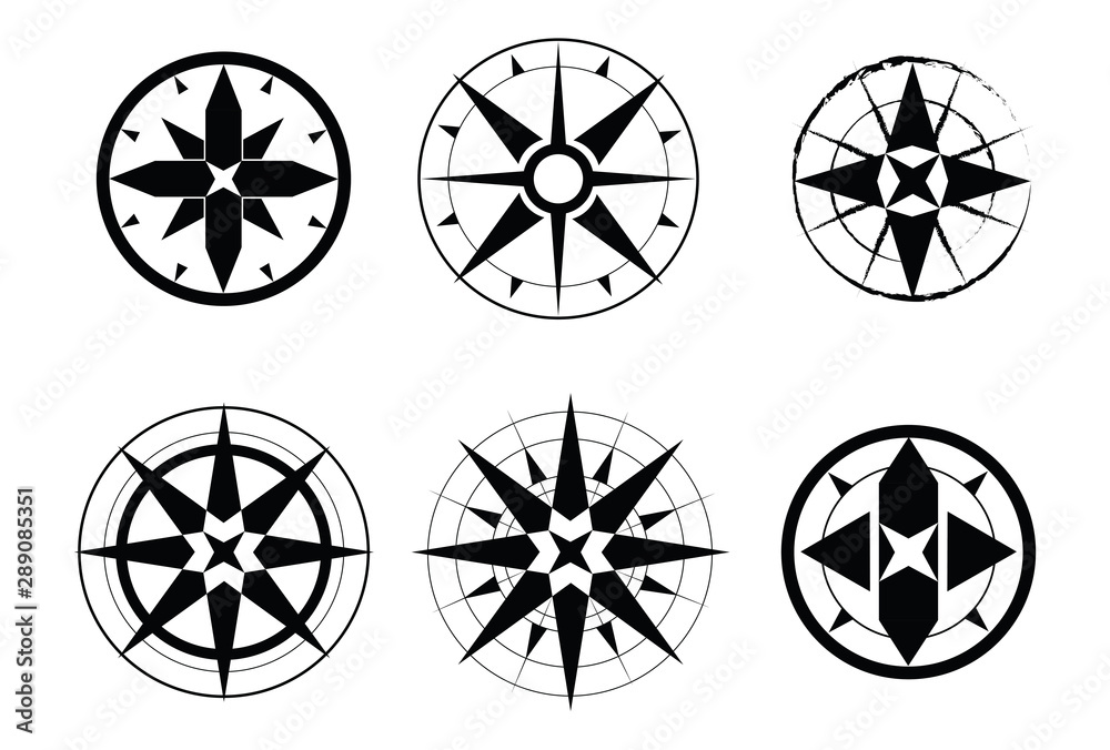 Collection of logos of the compass. Stylized sea compasses with a wind ...
