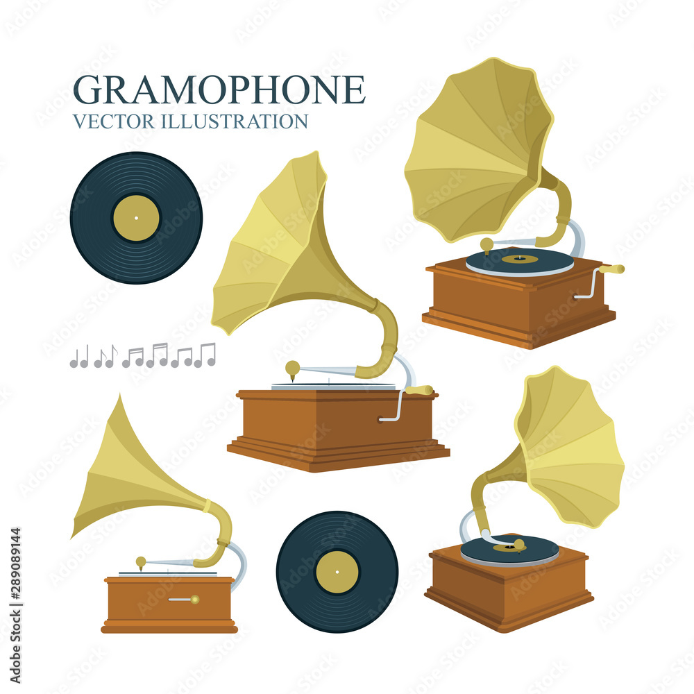 Vintage gramophone and vinyl records illustrations set. Realistic flat ...