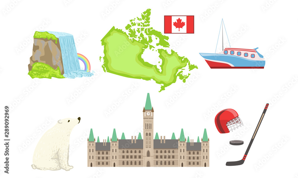 Canada Traditional Symbols and Attractions Set, Niagara Fall, Map, Ship ...