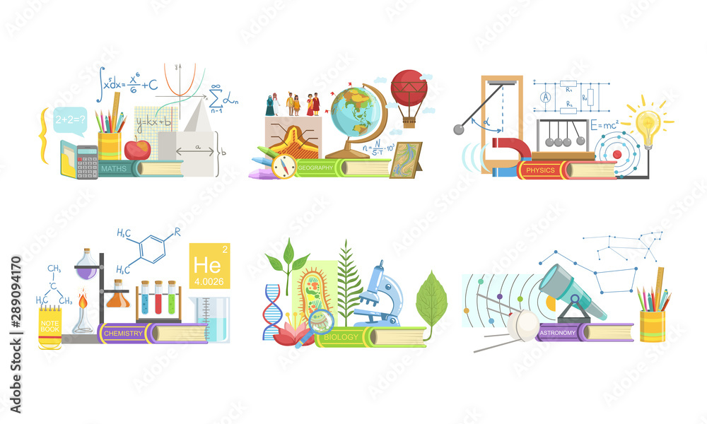 School Subjects Set, Math, Geography, Physics, Chemistry, Biology ...