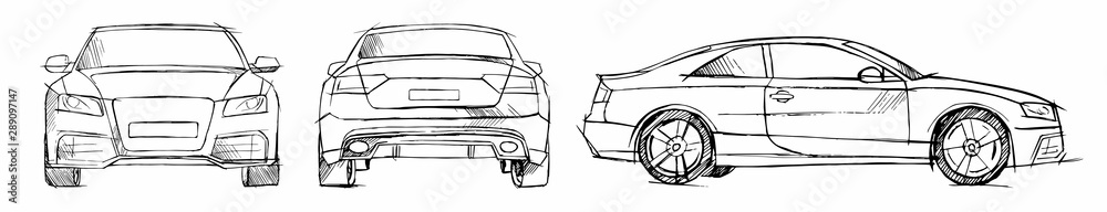 Hand drawn sketch car vector set. Front, back and side view. Pencil ...