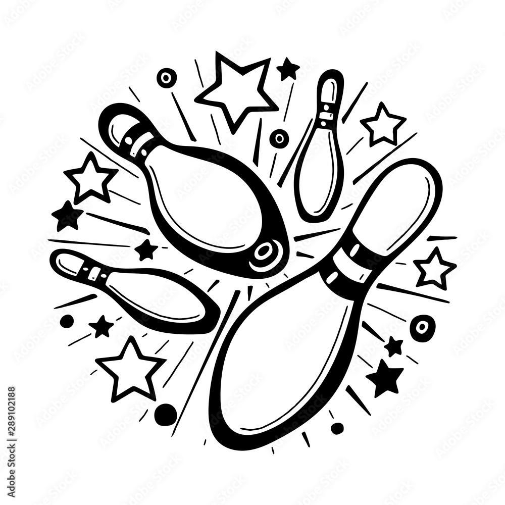 Bowling. Hand drawn bowling strike illustration. Bowling pins sketch ...