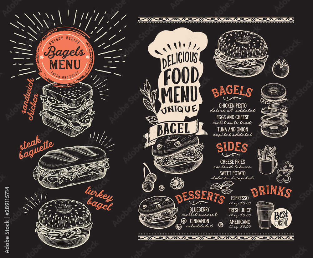Bagel and sandwich menu for restaurant with food graphic illustrations ...