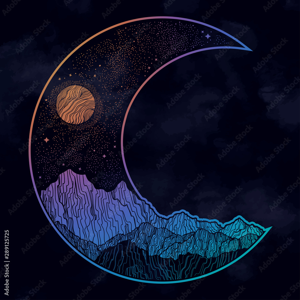 Night sky and mountains landscape in the form of a crescent moon ...