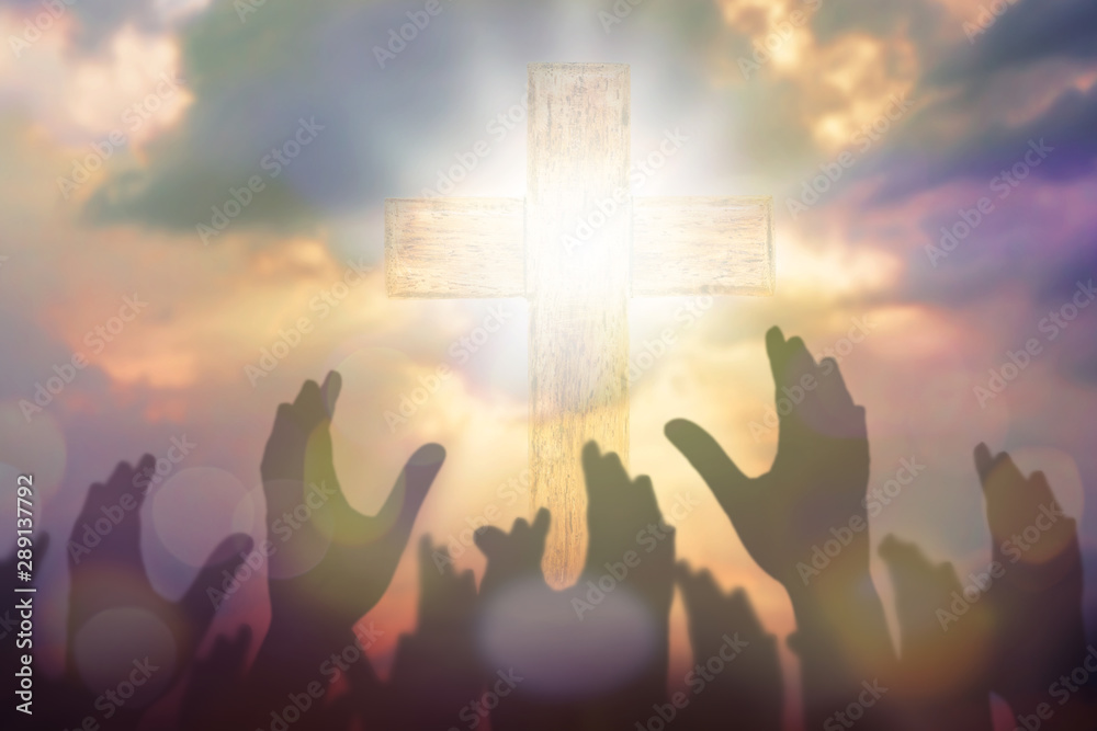 Foto de Blurred of Christian Congregation hands Worship God together in ...