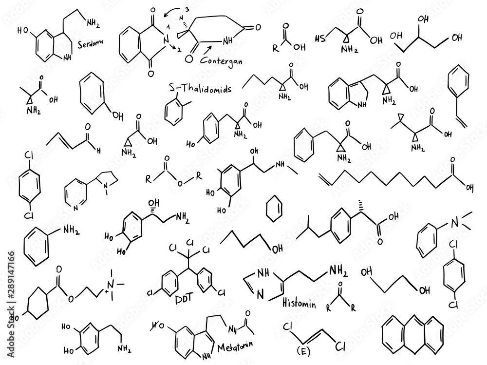 Set of the molecule structures of different elements. Hand drawn school ...