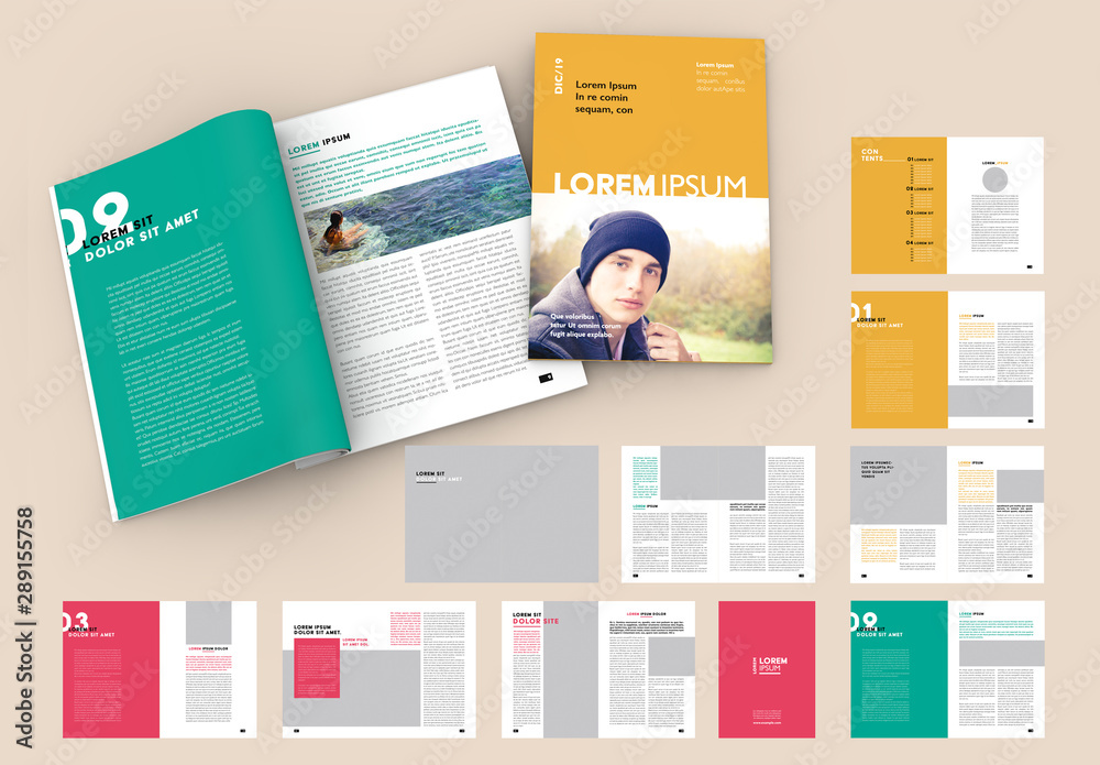 Magazine Layout with Bright Colorful Elements Stock Template | Adobe Stock