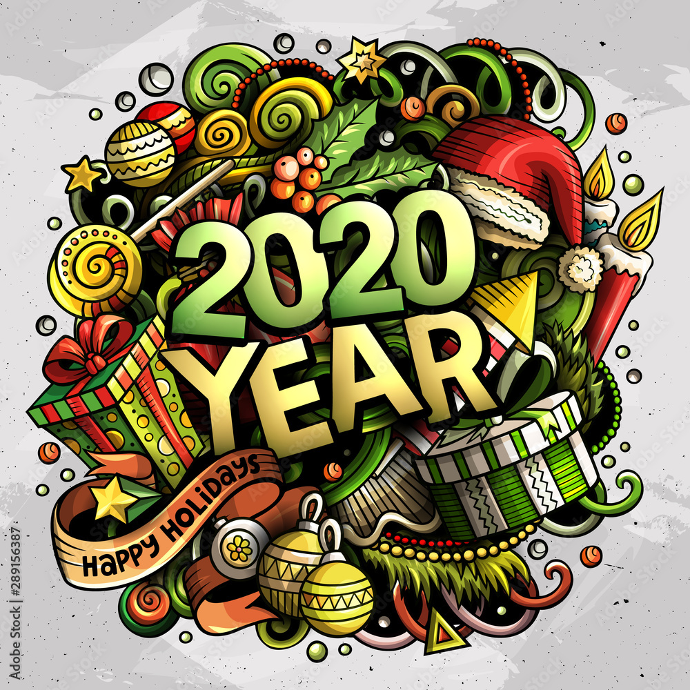 2020 hand drawn doodles illustration. New Year objects and elements ...