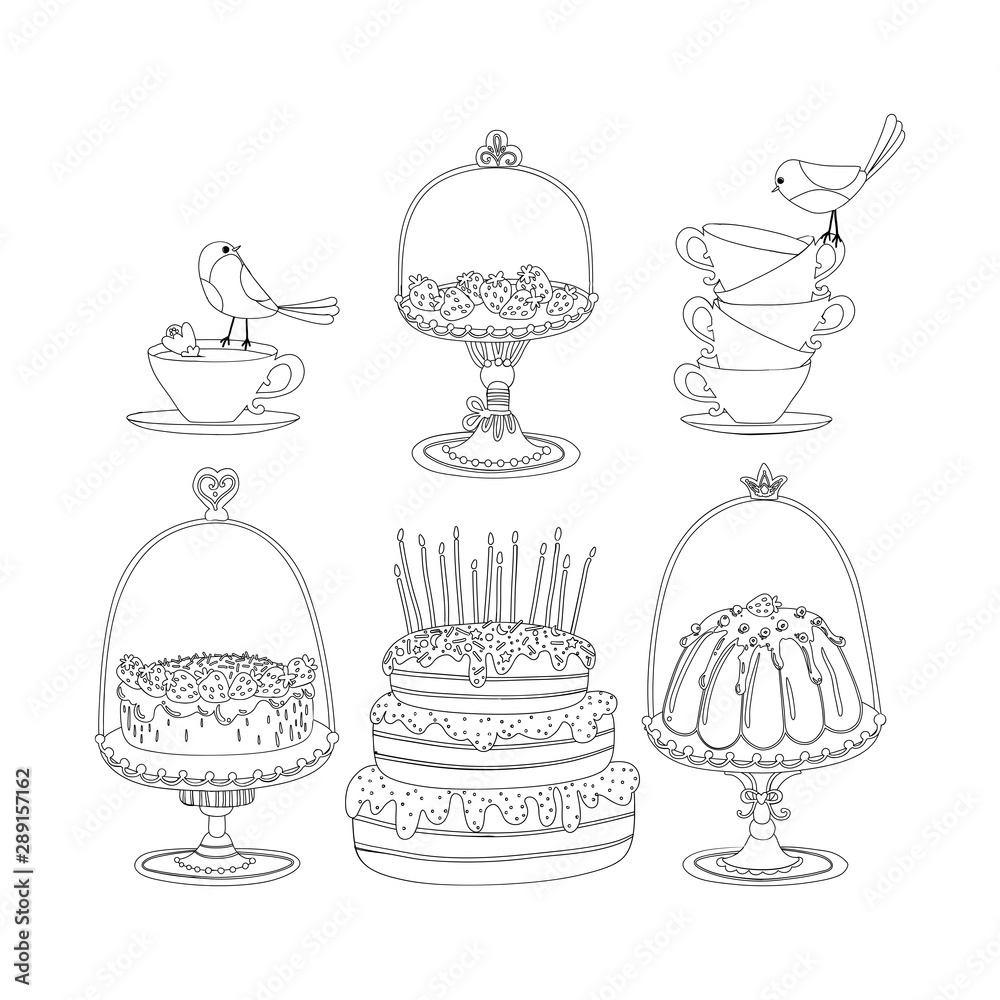 Birthday party. Afternoon Tea set. Different cakes under the glass dome ...