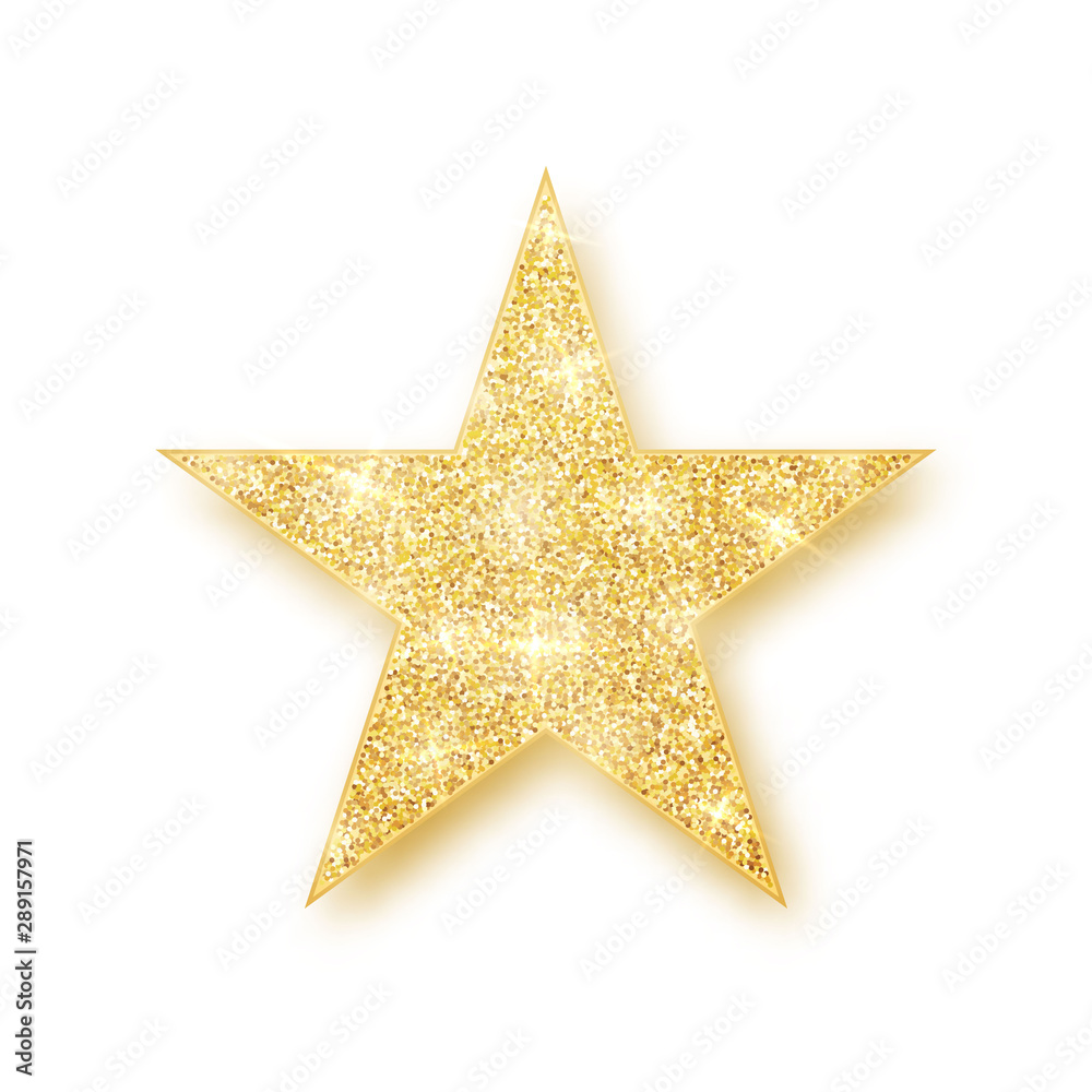 Gold shiny glitter glowing star with shadow isolated on white background. Vector illustration ...