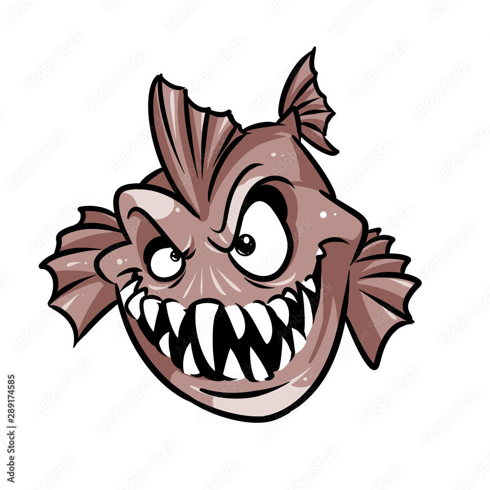 Scary fish horror piranha monster animal character cartoon illustration ...