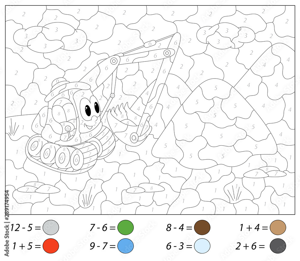 Cartoon excavator. Addition and subtraction tasks. Color by number ...