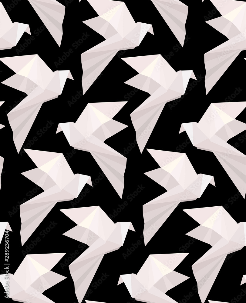Seamless texture with paper white origami doves on a black background ...