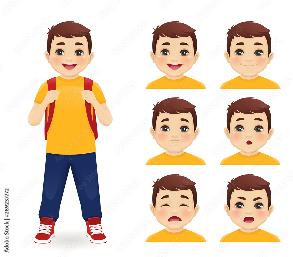 School boy with backpack emotions set isolated vector illustration ...