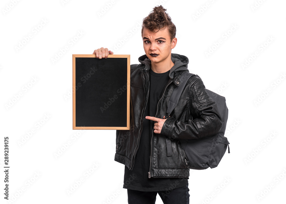 Surprised teen boy student with backpack in style of punk goth dressed ...