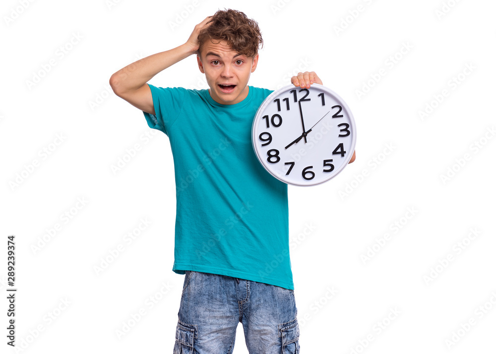 Surprised Teen boy holding Big Clock, isolated on white background ...