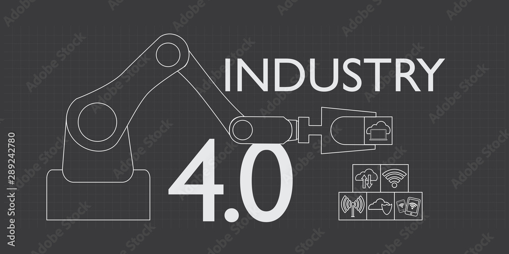 Industry 4.0 concept. Outline of robotic arm and blocks with industrial ...